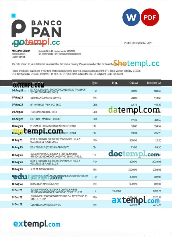 Banco Pan Bank firm account statement Word and PDF template