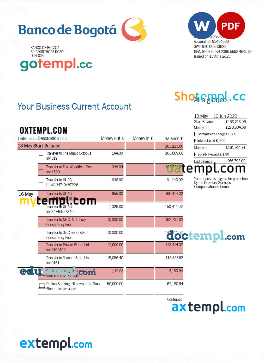 Banco de Bogotá enterprise account statement Word and PDF template