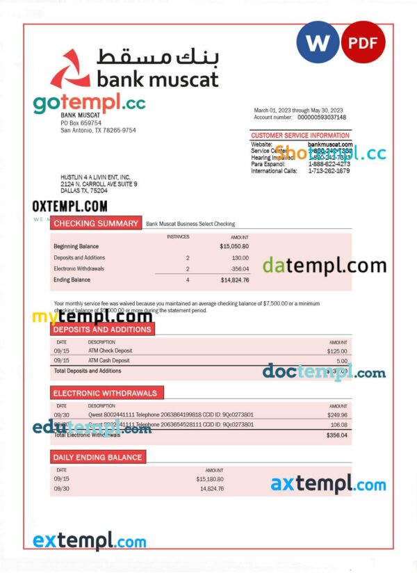 Bank Muscat enterprise account statement Word and PDF template