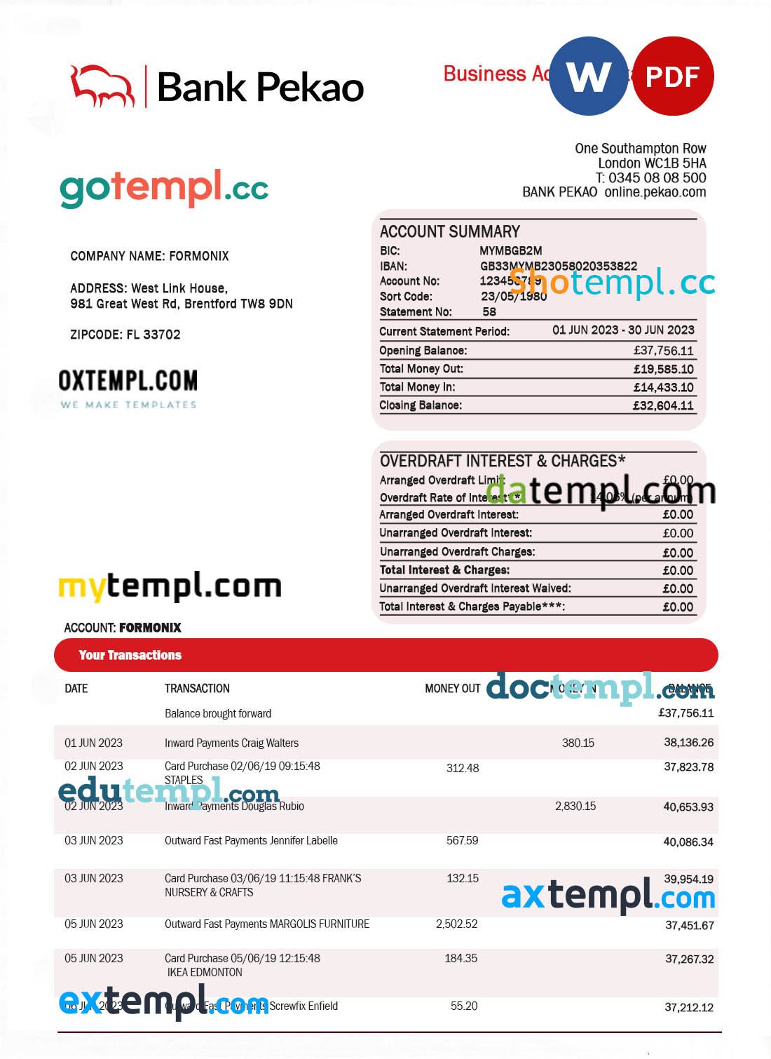 Bank Pekao S. A company statement Word and PDF template