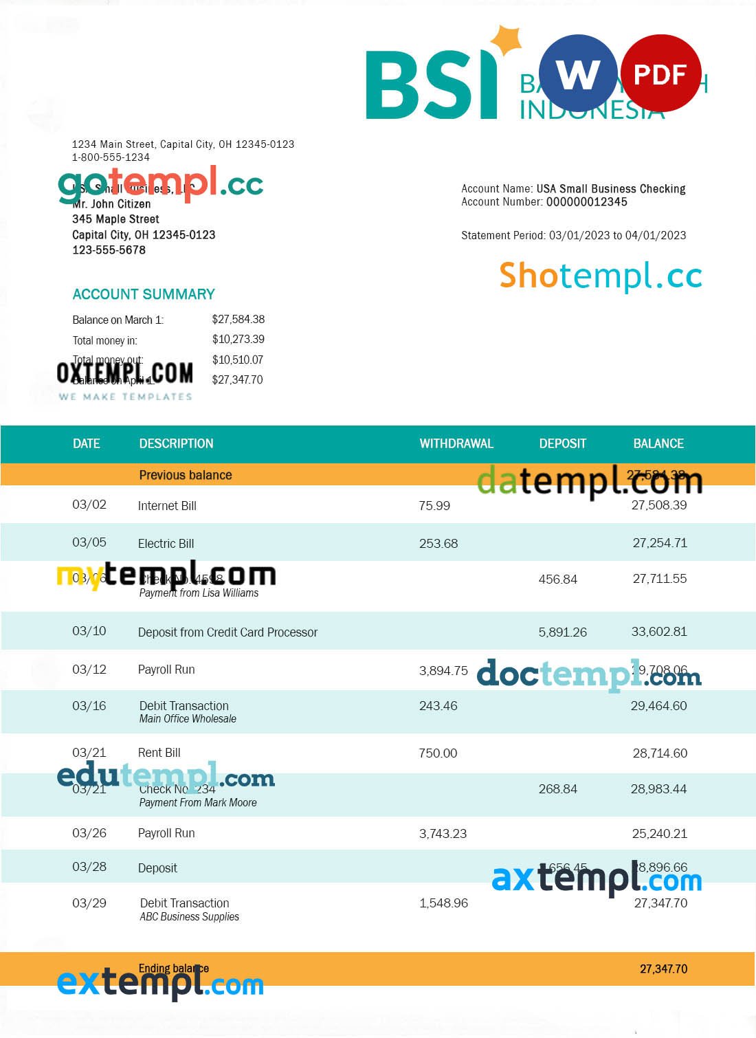 Bank Syariah Indonesia organization checking account statement Word and PDF template