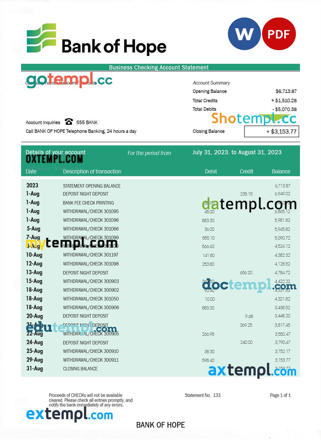 Bank of Hope company checking account statement Word and PDF template