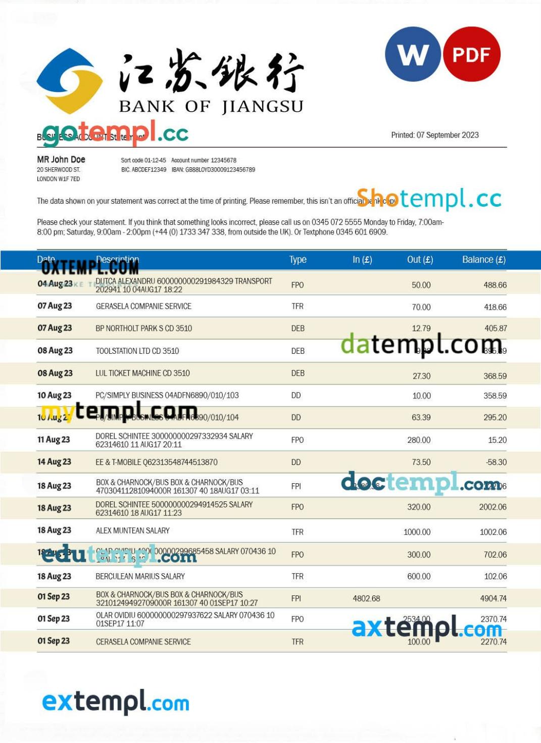 Bank of Jiangsu corporate account statement Word and PDF template