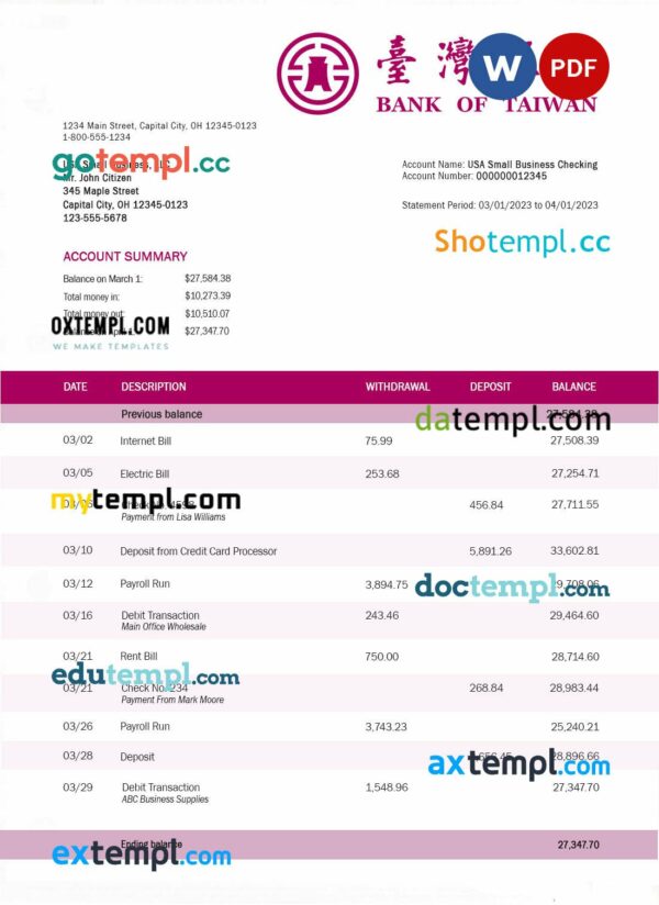 Bank of Taiwan company checking account statement Word and PDF template