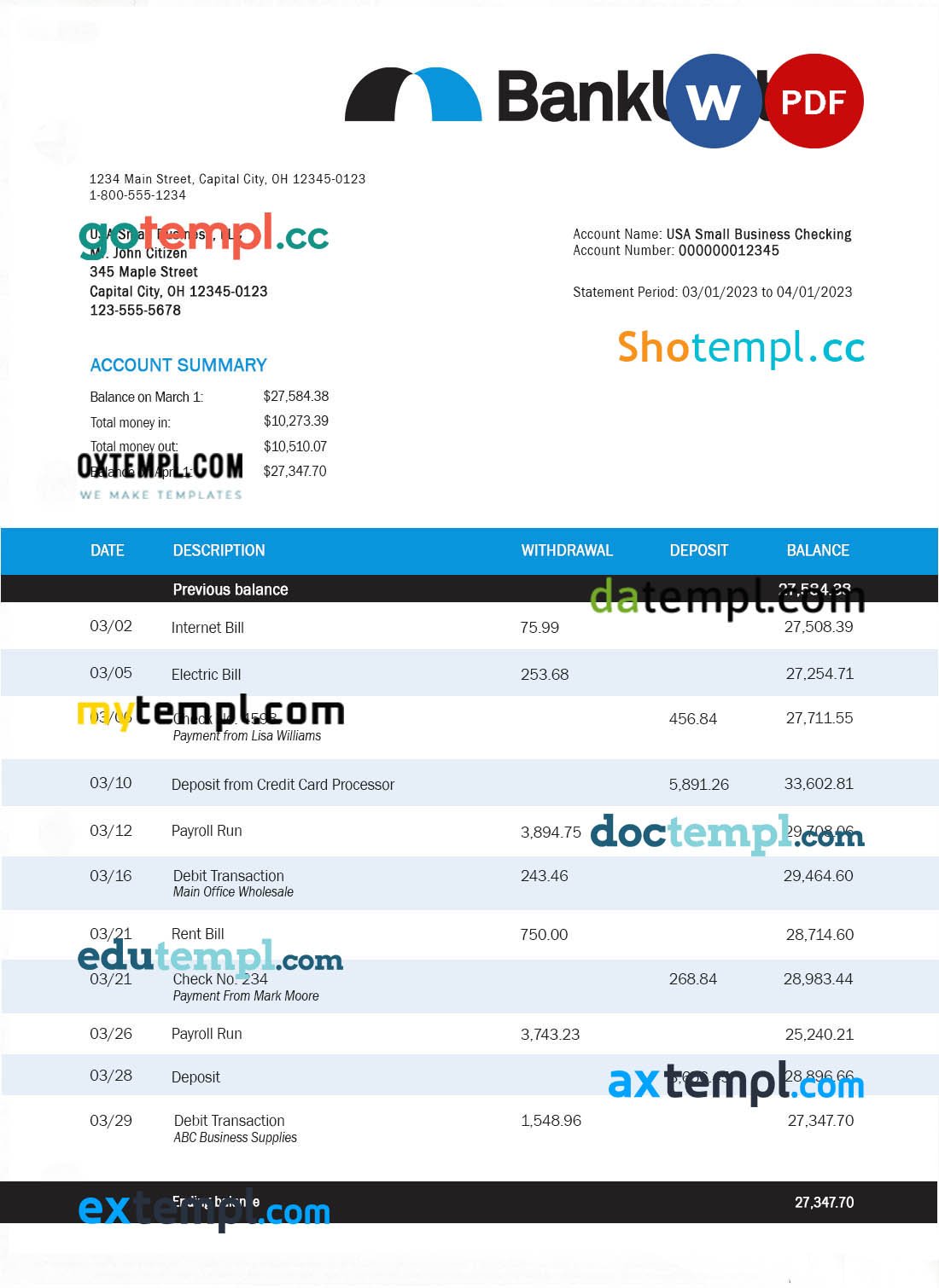 Bankunited enterprise account statement Word and PDF template