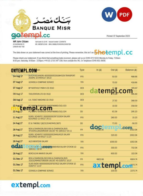 Banque Misr organization checking account statement Word and PDF template