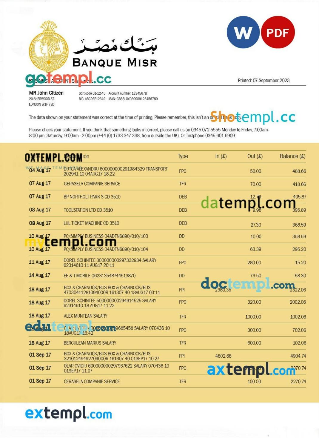 Banque Misr organization checking account statement Word and PDF template
