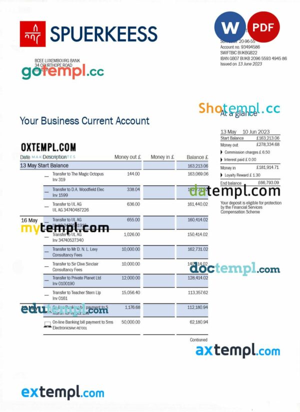 Bcee Luxembourg Bank firm account statement Word and PDF template