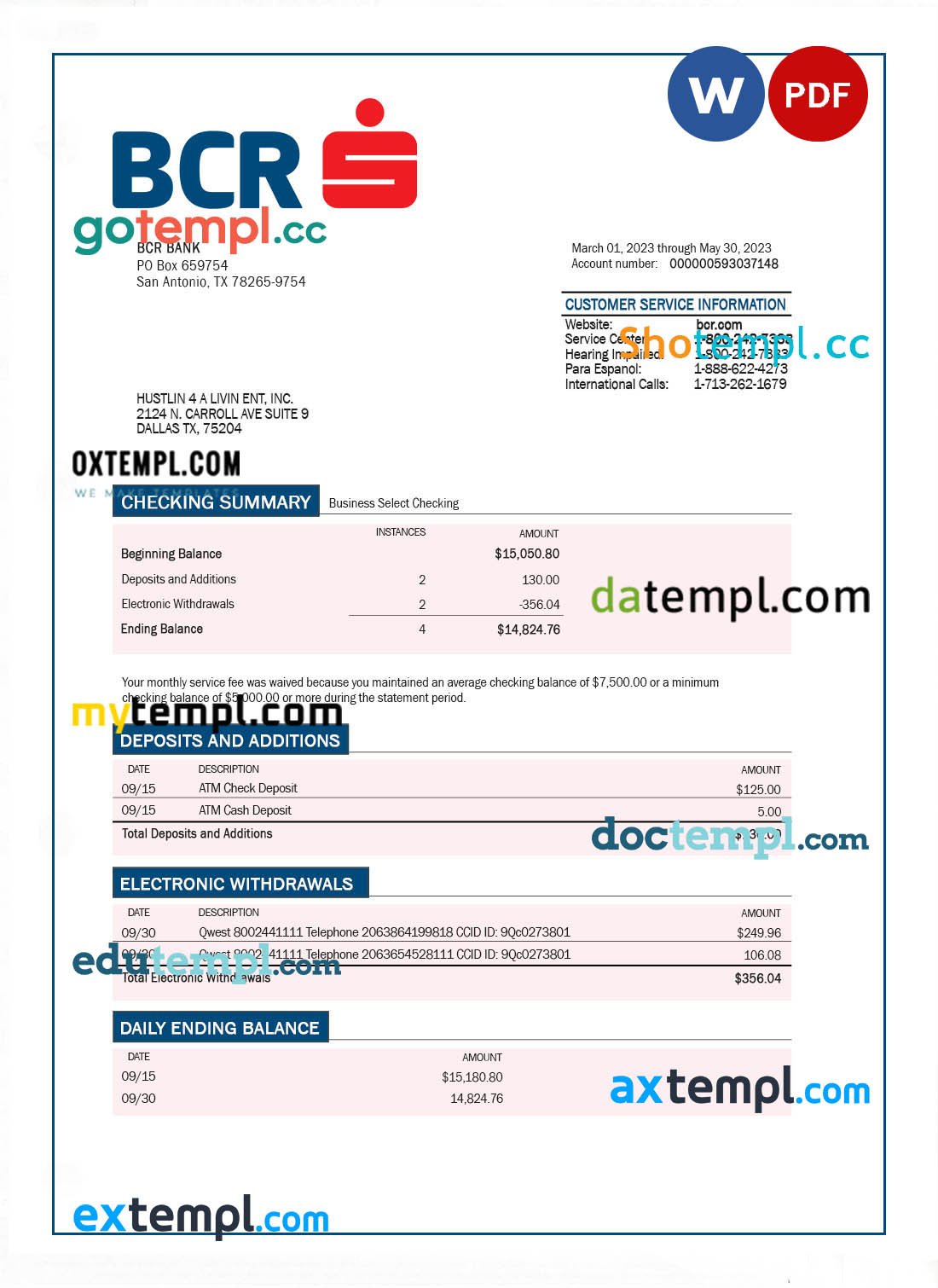 Bcr Bank company checking account statement Word and PDF template