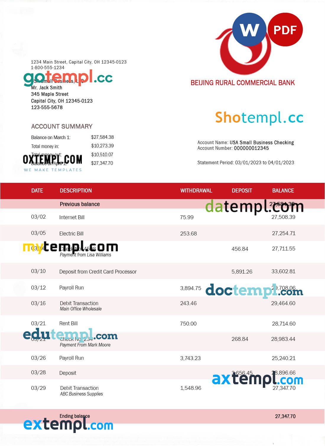 Beijing Rural Commercial bank company statement Word and PDF template