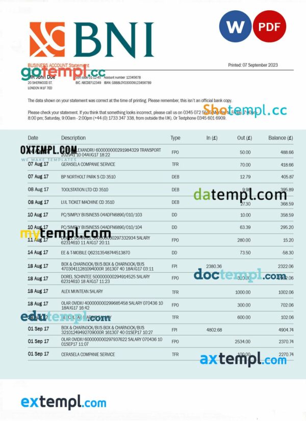 BNI Bank firm statement Word and PDF template