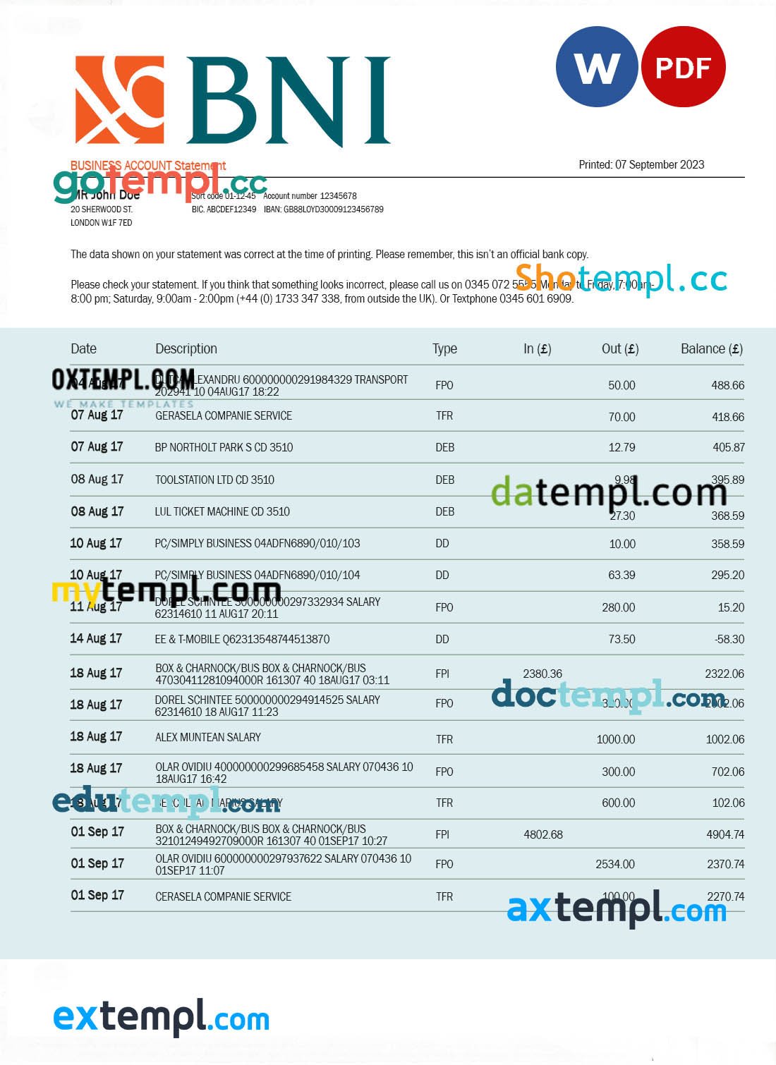 BNI Bank firm statement Word and PDF template