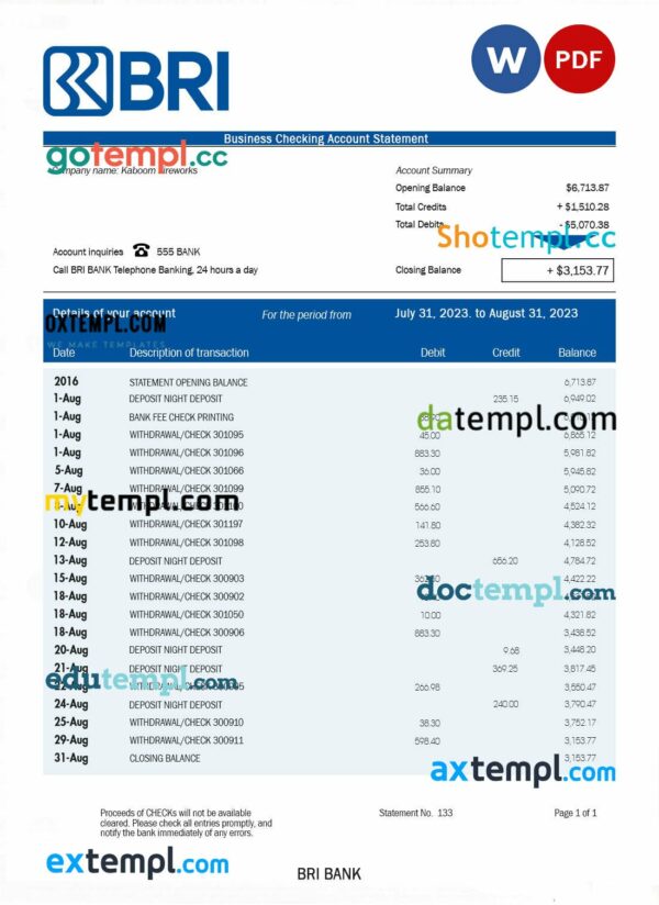 Bank BRI business bank statement Word and PDF template