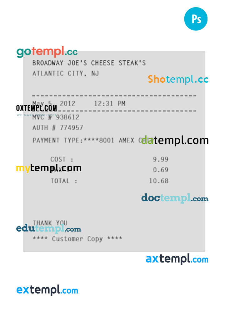 BROADWAY JOE’S CHEESE STEAK’S payment receipt PSD template