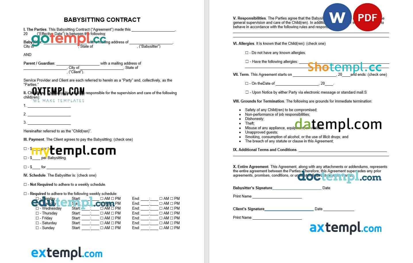 free babysitting contract template, Word and PDF format
