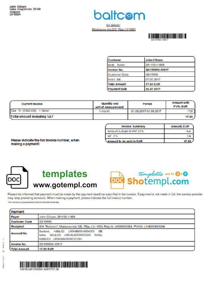Latvia Baltcom telecommunications utility bill template in Word and PDF ...