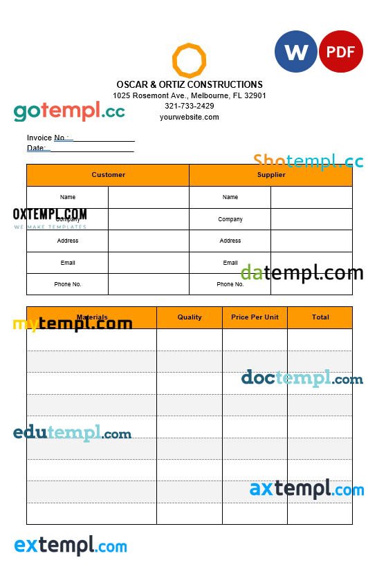Basic Construction Invoice template in word and pdf format
