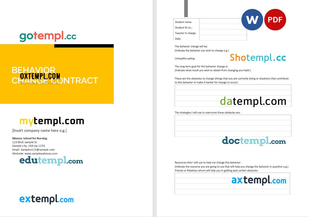 free behavior change contract template in Word and PDF format