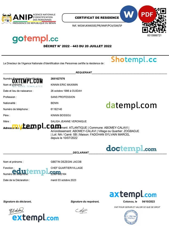Benin ANIP Agence Nationale d’Identification des Personnes residence ...