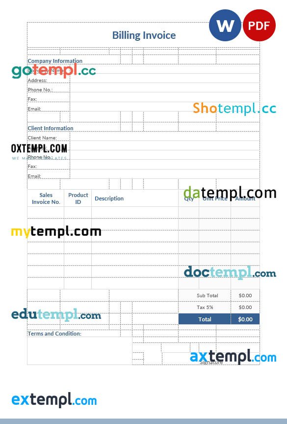 Billing invoice template in word and pdf format