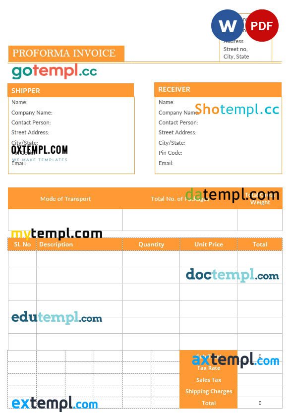 Blank Proforma Invoice template in word and pdf format