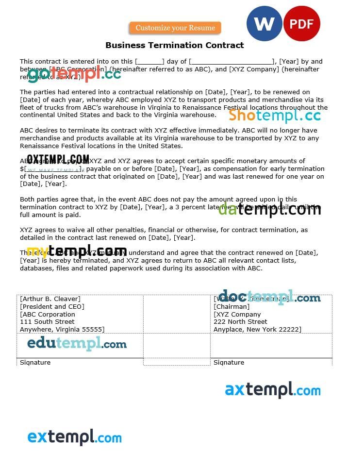 free business termination contract template, Word and PDF format