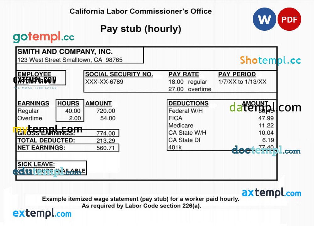 CALIFORNIA Labor Commissioner’s office pay stub template in PDF and ...
