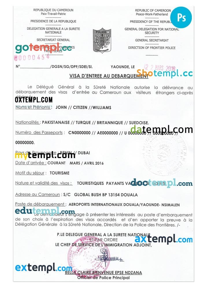Cameroon e-Visa PSD template, with fonts