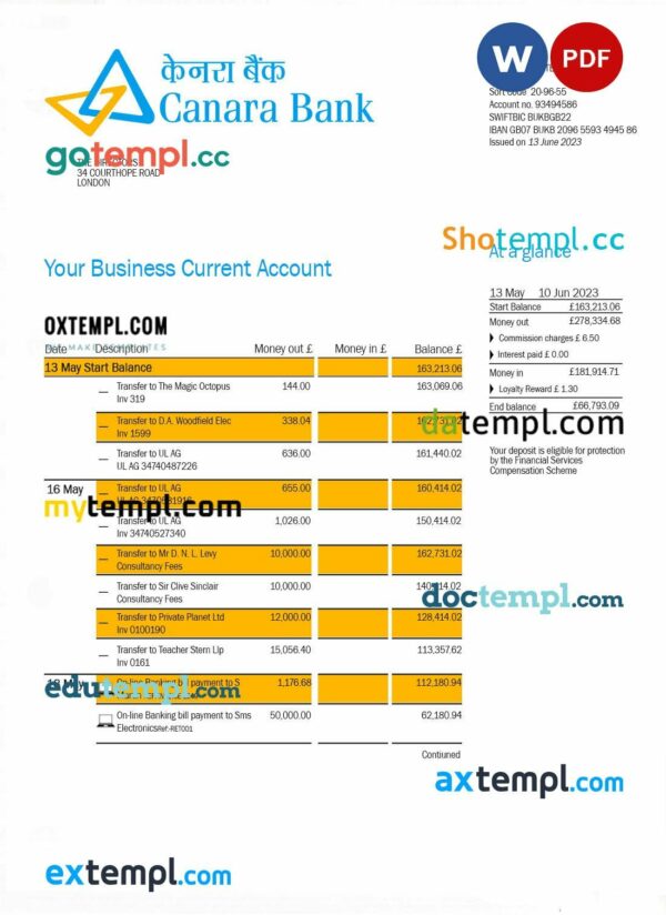 Canara bank corporate checking account statement Word and PDF template