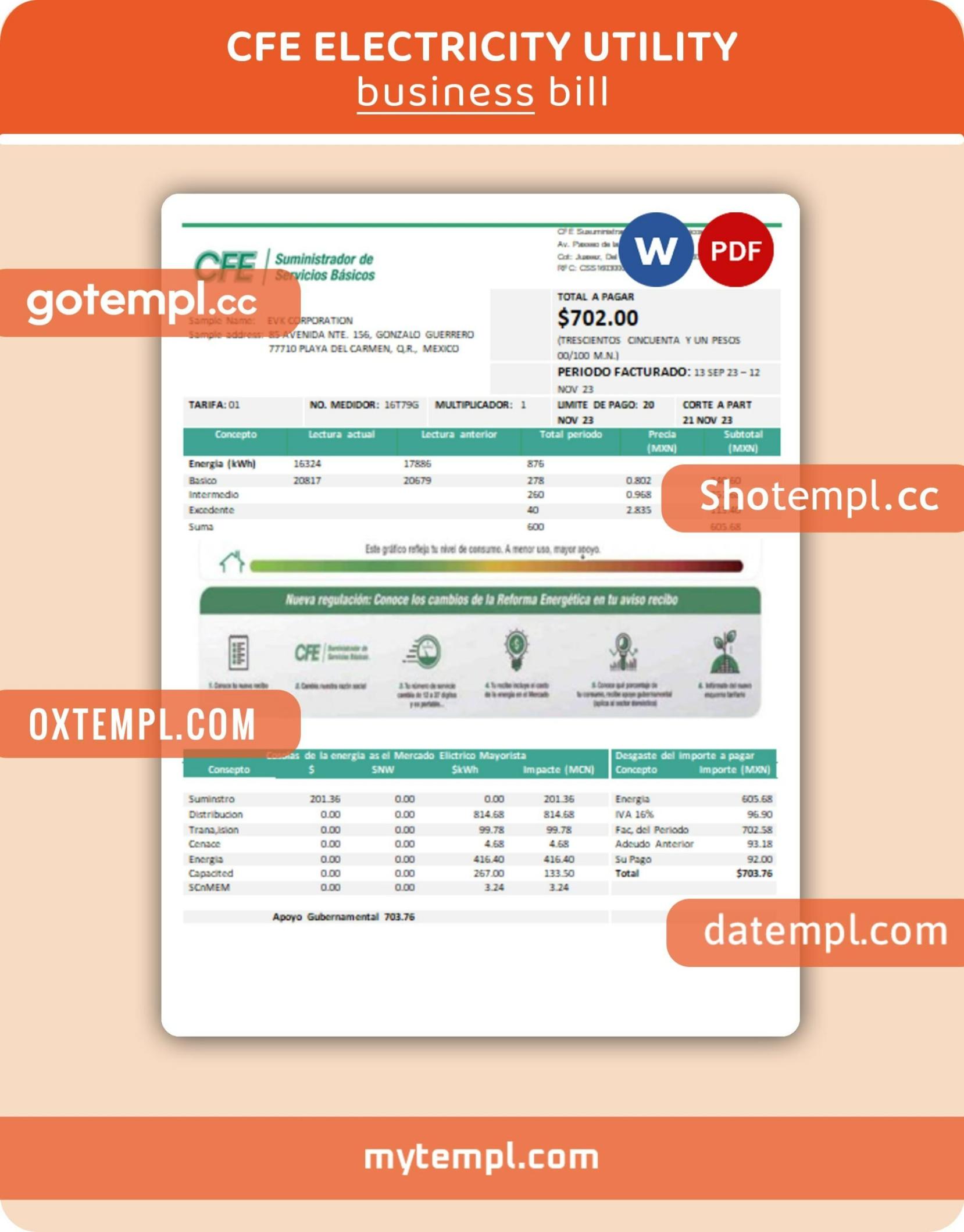CFE electricity business utility bill, PDF and WORD template