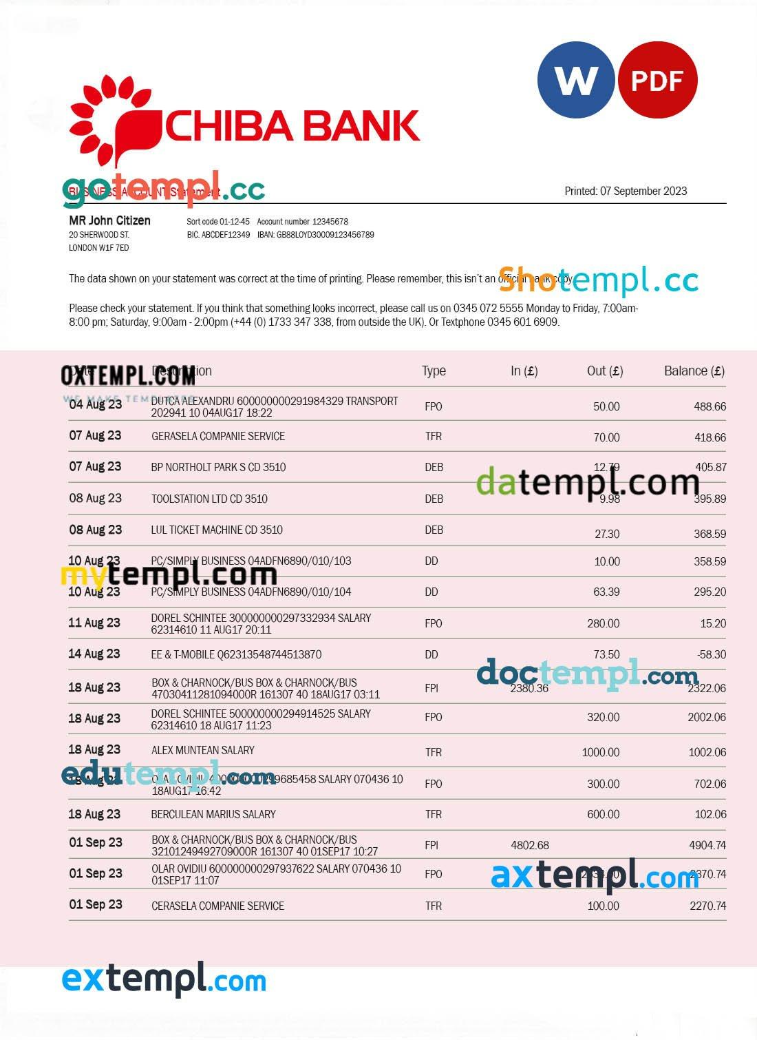 Chiba Bank company checking account statement Word and PDF template