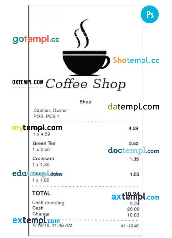 COFFEE SHOP payment check PSD template