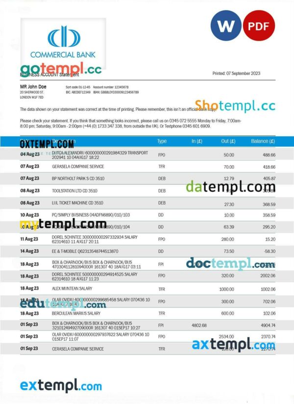 Commercial bank firm statement Word and PDF template