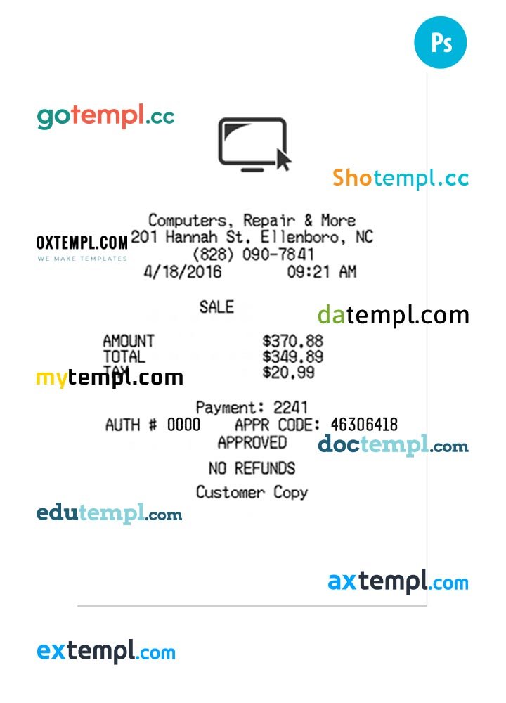 COMPUTERS,REPAIR & MORE payment receipt PSD template