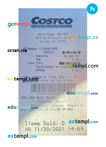 Costco payment receipt PSD template