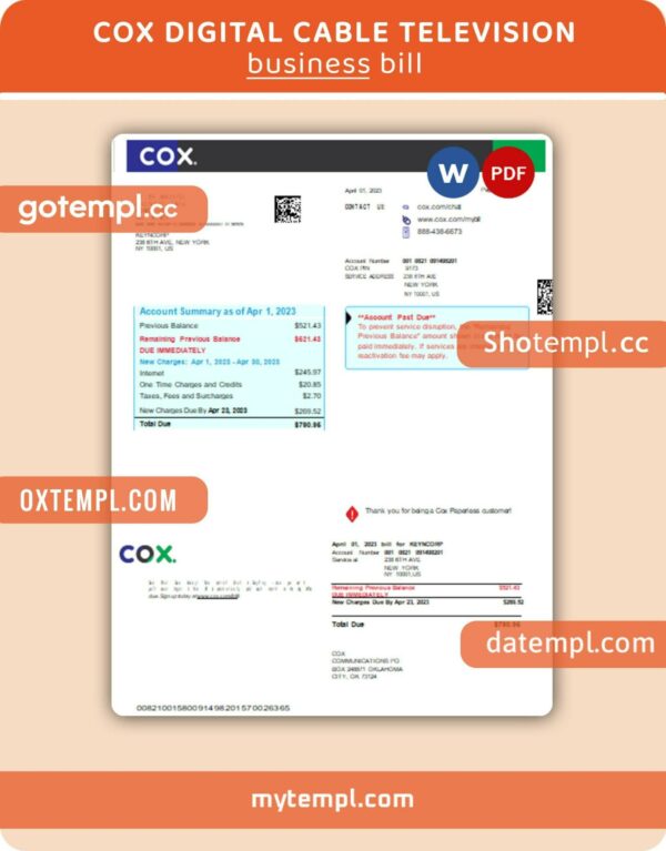 COX digital cable television business utility bill, PDF and WORD template
