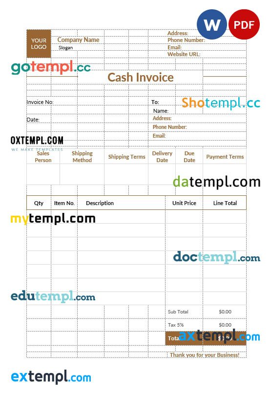Cash invoice template in word and pdf format