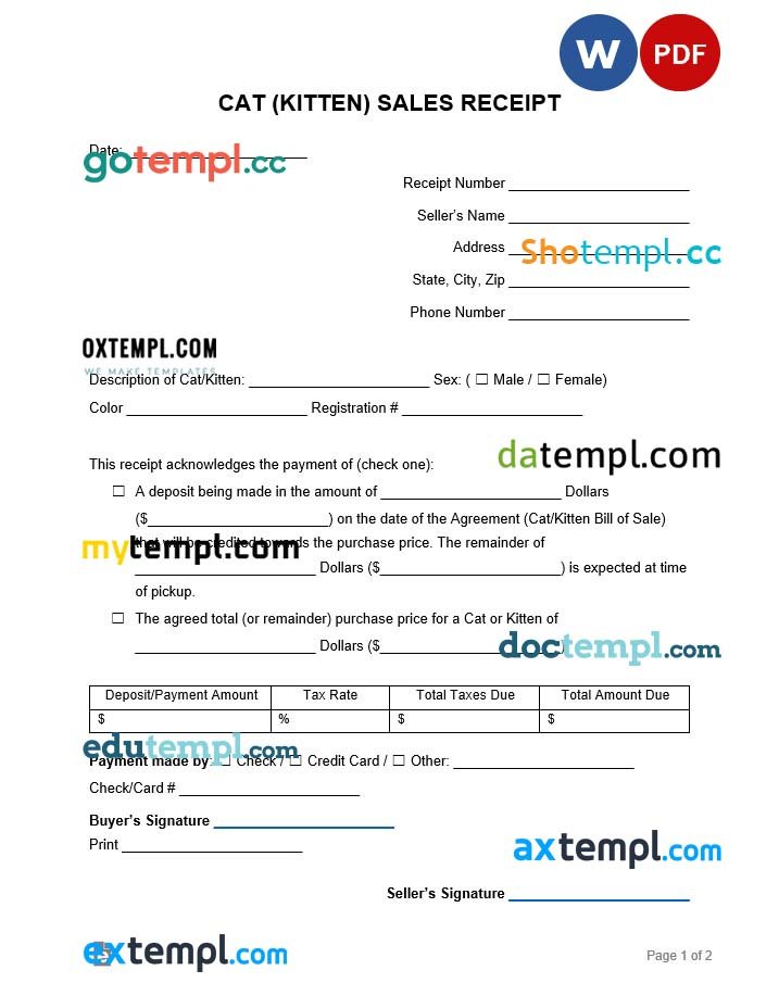 free cat kitten sales receipt template, Word and PDF format