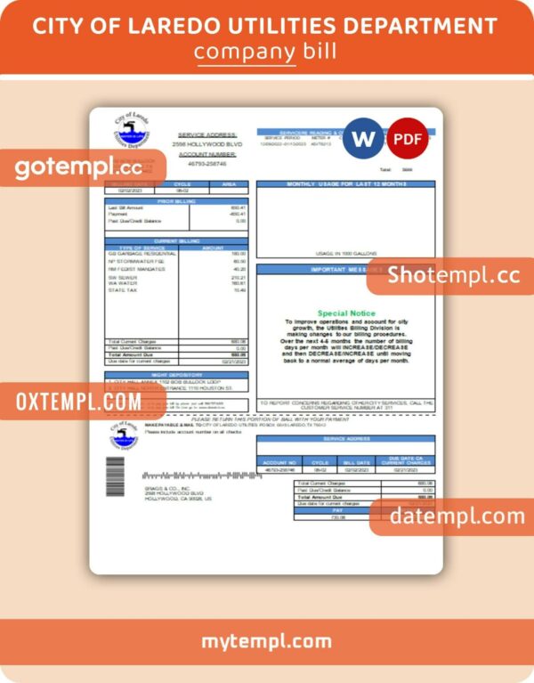 City of Laredo Utilities Department water business utility bill, Word ...
