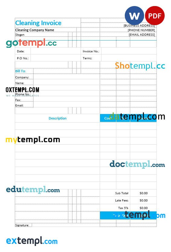 Cleaning invoice template in word and pdf format