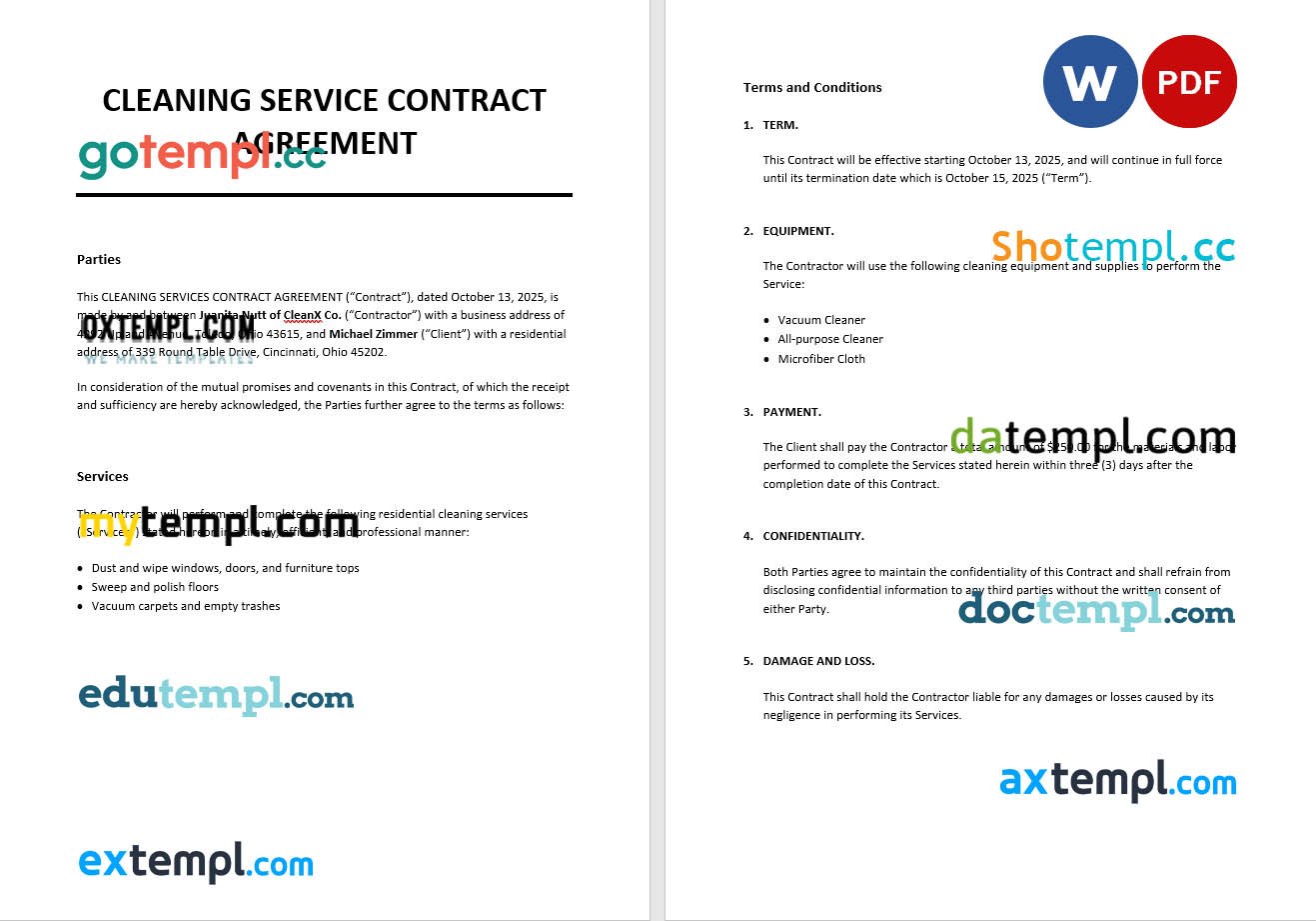 free cleaning services contract agreement template in Word and PDF format