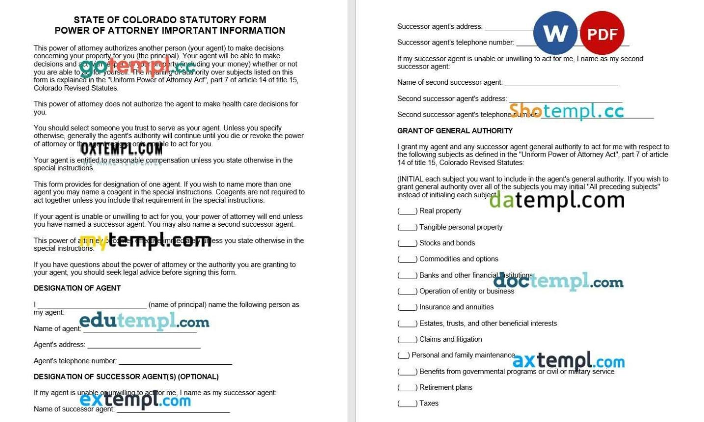 Colorado Statutory Durable Power of Attorney example, fully editable