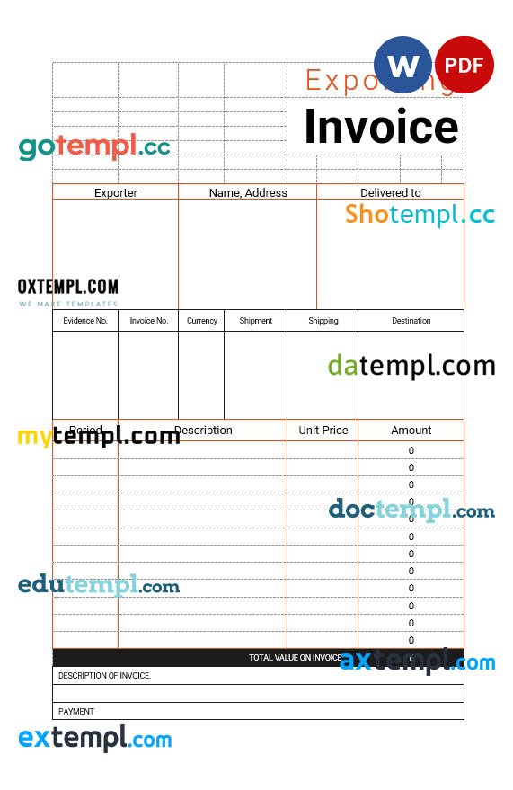 Commercial Export Invoice template in word and pdf format