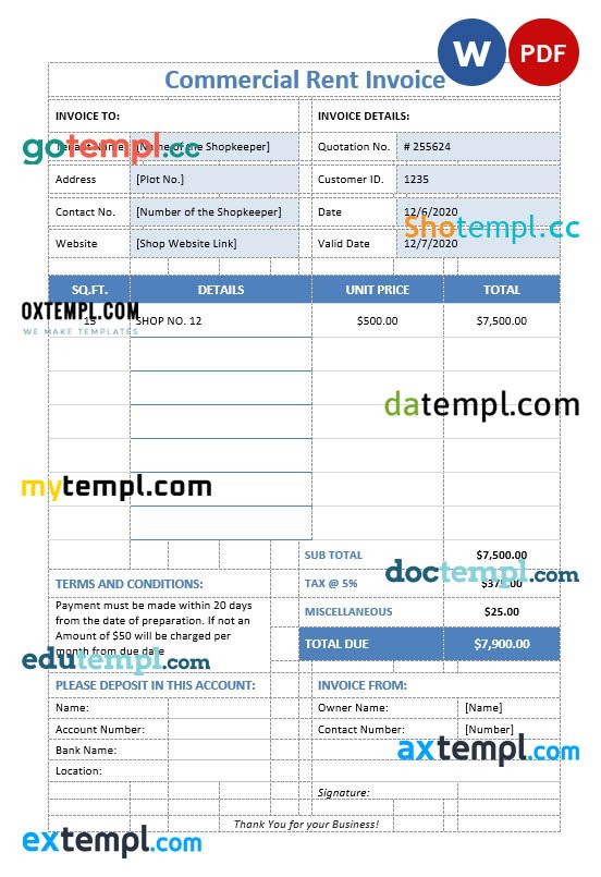 Commercial Rent Invoice template in word and pdf format