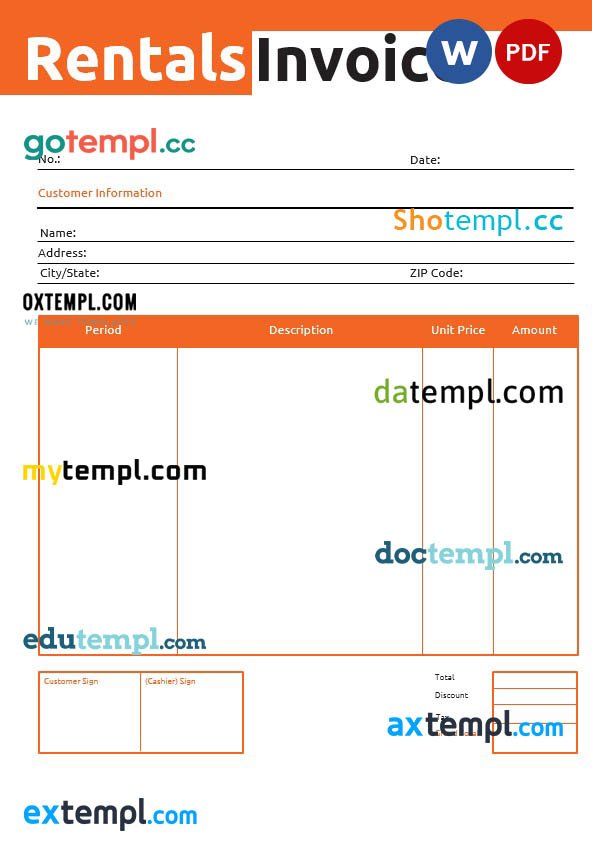 Commercial Rental Invoice template in word and pdf format