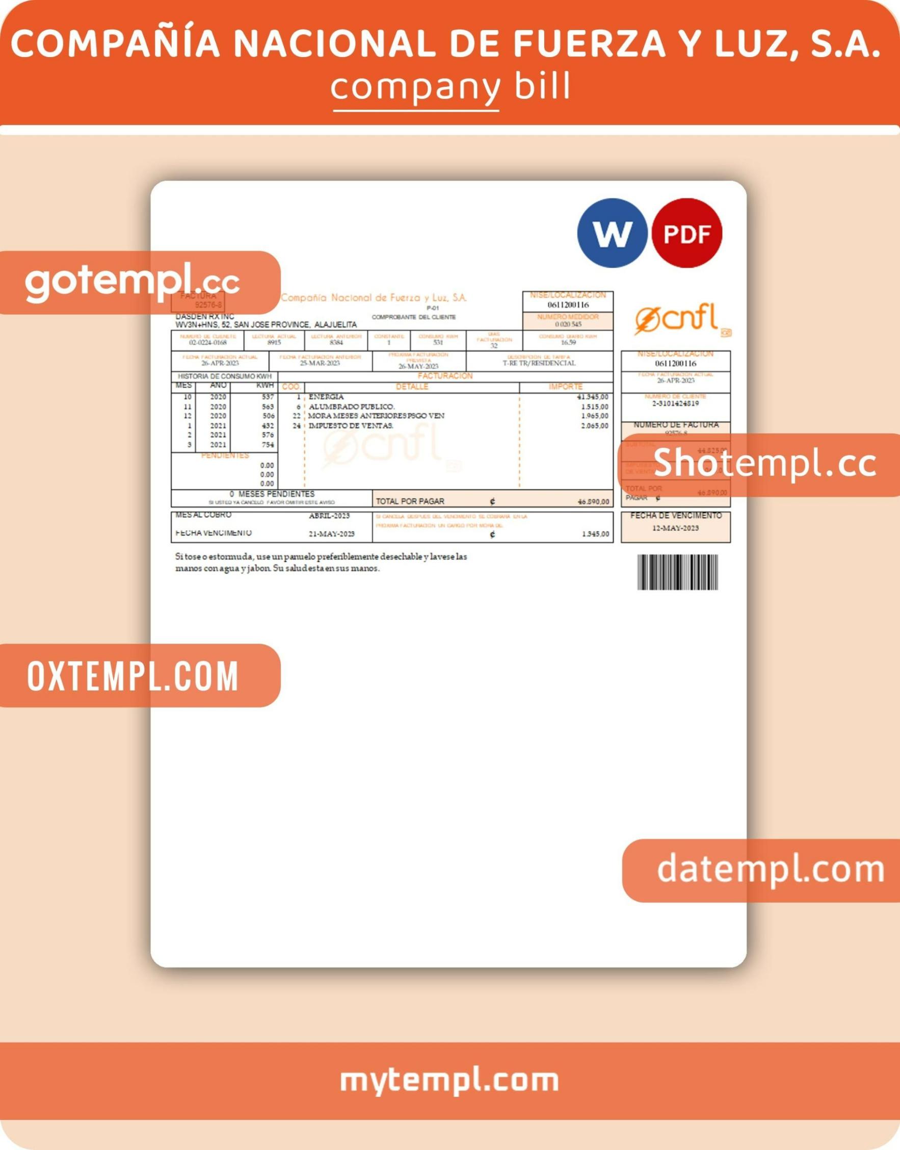 Compañía Nacional de Fuerza y Luz, S.A. (CNFL) business utility bill ...