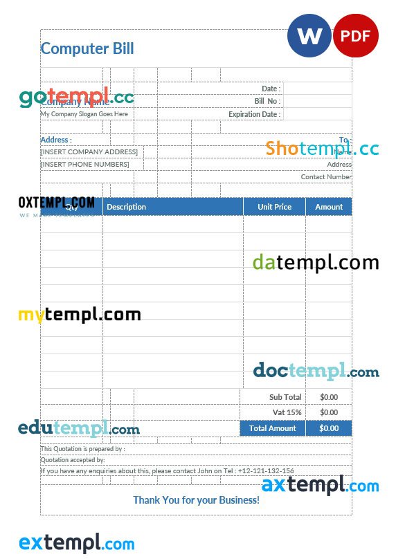 Computer Bill Format template in word and pdf format
