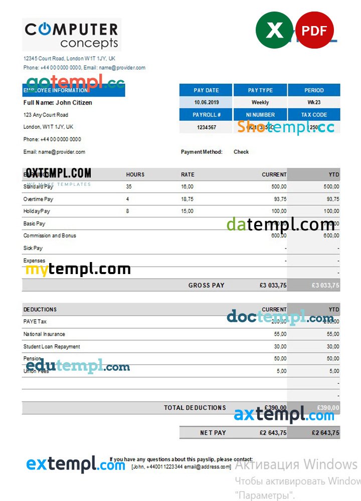 Computer corporation payroll template in Excel and PDF formats | gotempl.cc