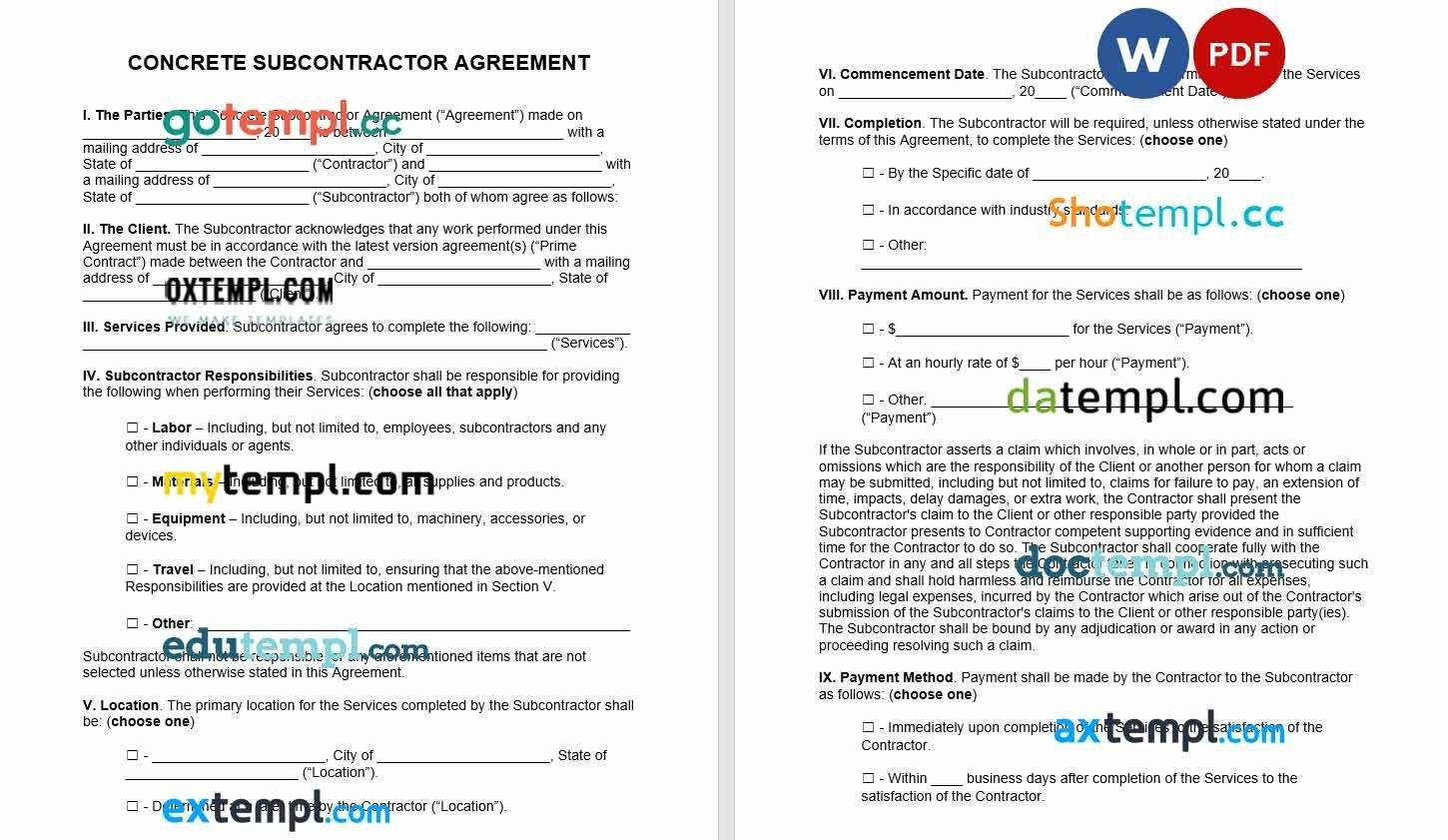 free concrete subcontractor agreement template, Word and PDF format