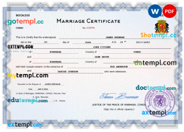 Congo marriage certificate Word and PDF template, fully editable